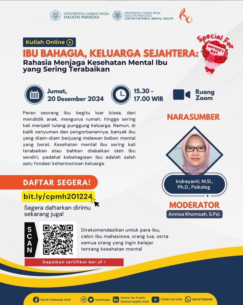 Kuliah Online CPMH UGM Spesial Hari Ibu: Ibu Bahagia, Keluarga ...